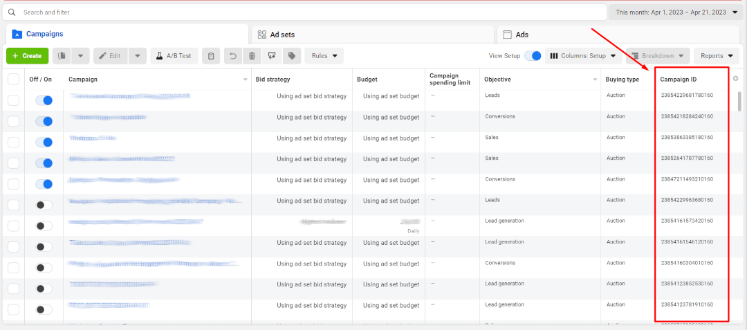 How to find your ad/ad set/campaign ID